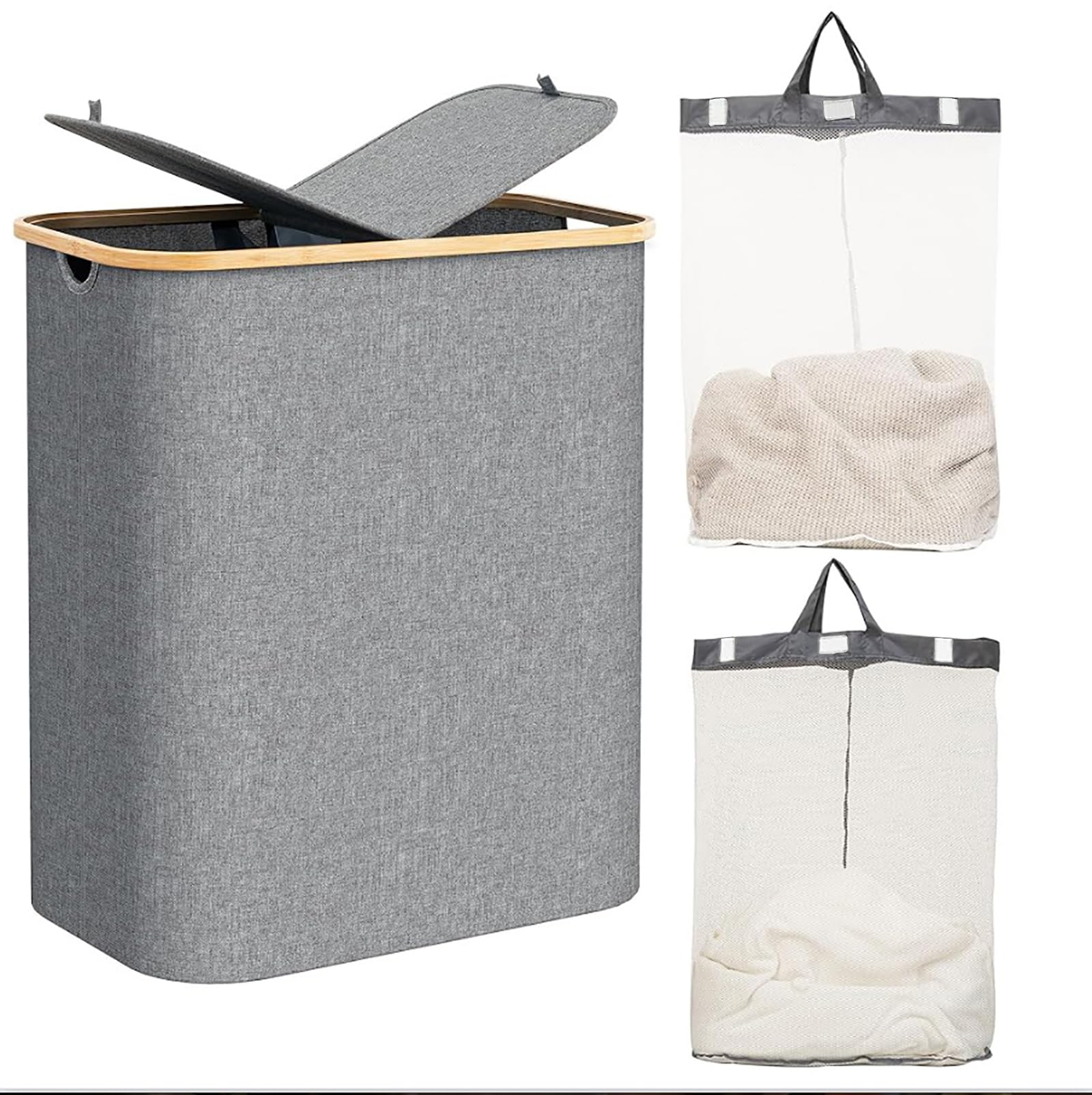 Double Laundry Hamper with Lid, 160 L Divided Large Laundry Basket with Removable Bags, 2 Section Clothes Hampers for Laundry, for Bathroom, Bedroom & Laundry Room (Black)