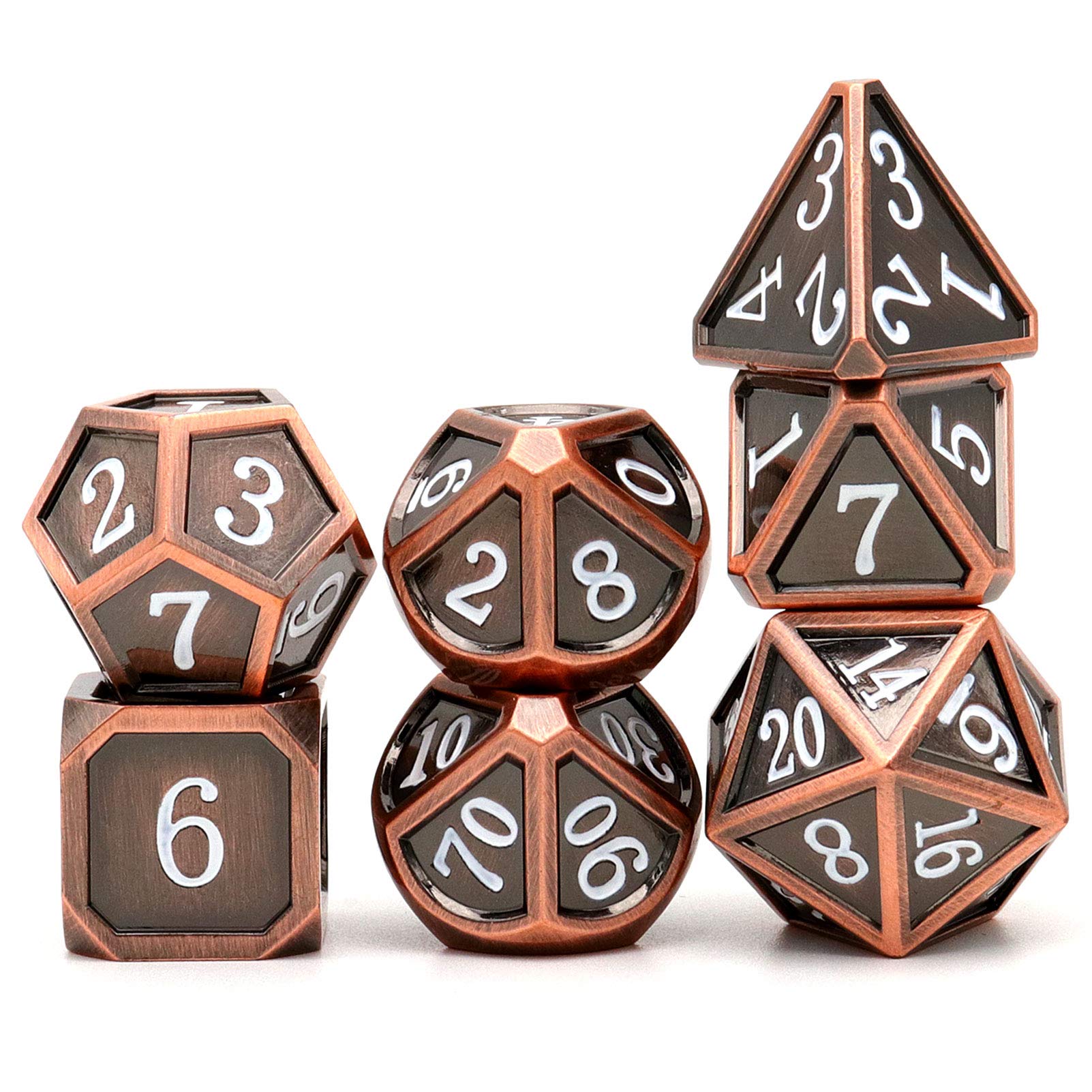 Haxtec Metal DND Dice Set W/Gift Metal Box Classic Collection Polyhedral Dice Set for Dungeons and Dragons RPG Games- Fine Antique Copper White Numbers