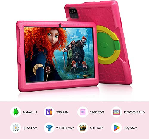 HiGrace Kids Tablet 10 inch - Android 12 Quad core Tablet for Kids (Ages 3-12), 5000mAh, 32GB ROM, Dual Camera, WiFi, Parental Control, Kid-Proof Case-Pink