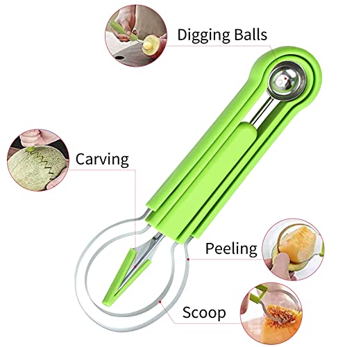Esmartlife Melon Baller Scoop Set, Professional 4 In 1 Stainless Steel Fruit Carving Tools Knife Kit,Fruit Scooper Double Sided Melon Baller for Watermelon Ice Cream(Green)