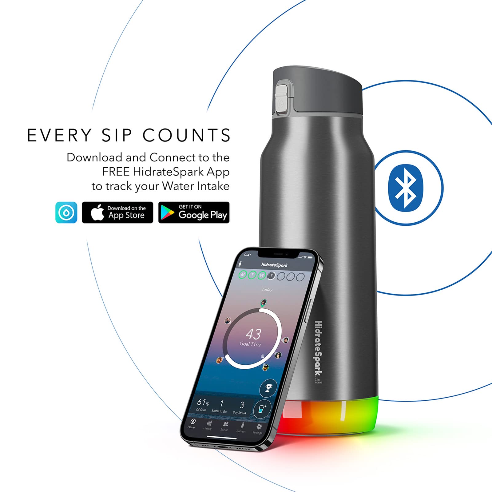 Hidrate Spark PRO Smart Water Bottle β Insulated Stainless Steel β Tracks Water Intake with Bluetooth, LED Glow Reminder When You Need to Drink β Chug Lid, 32oz, Brushed Steel