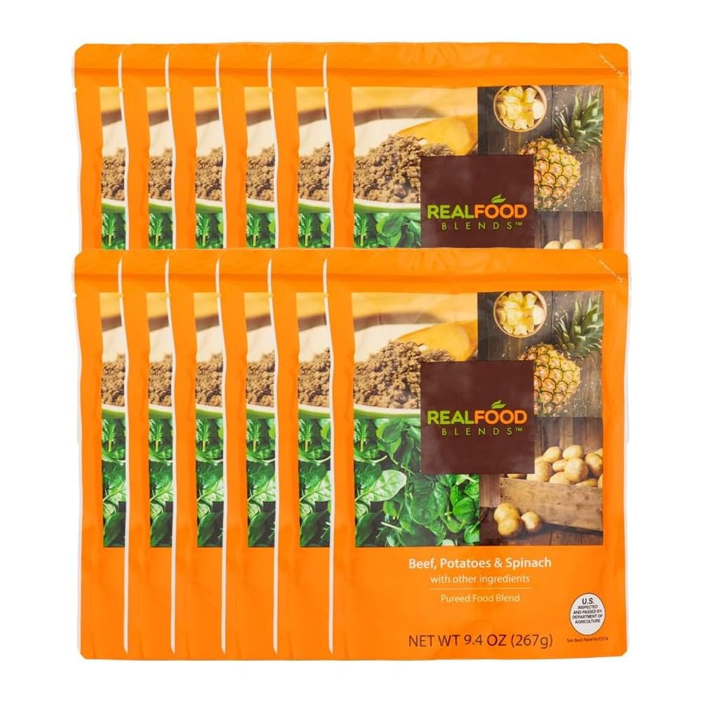 Real Food Blends Beef, Potatoes & Spinach - Pureed Food Meals for Tube Feeding with Protein, Vegetables & Fruits - 330 Calories for Lunch & Dinner - 9.4 oz (Pack of 12)