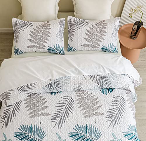 DURLENGEN Floral Quilt Set Queen Size 3Pcs, Teal & Khaki Leaves Printed on White, All Season Lightweight Coverlet Sets(Queen 90x96, Botanical Teal)