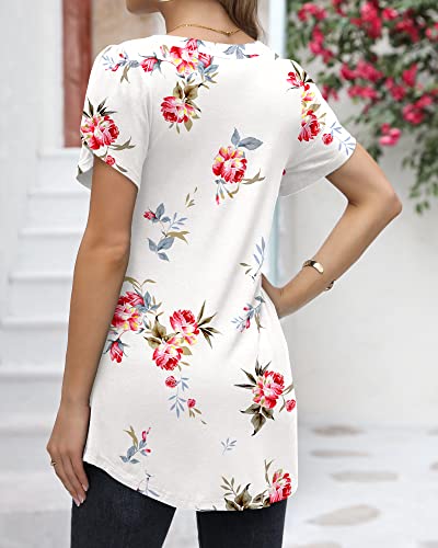 DUSDIMON Women's 2023 Summer Tunic Tops Petal Short Sleeve Square Neck Loose Flowy Pleated Shirts(Flower White, XL)