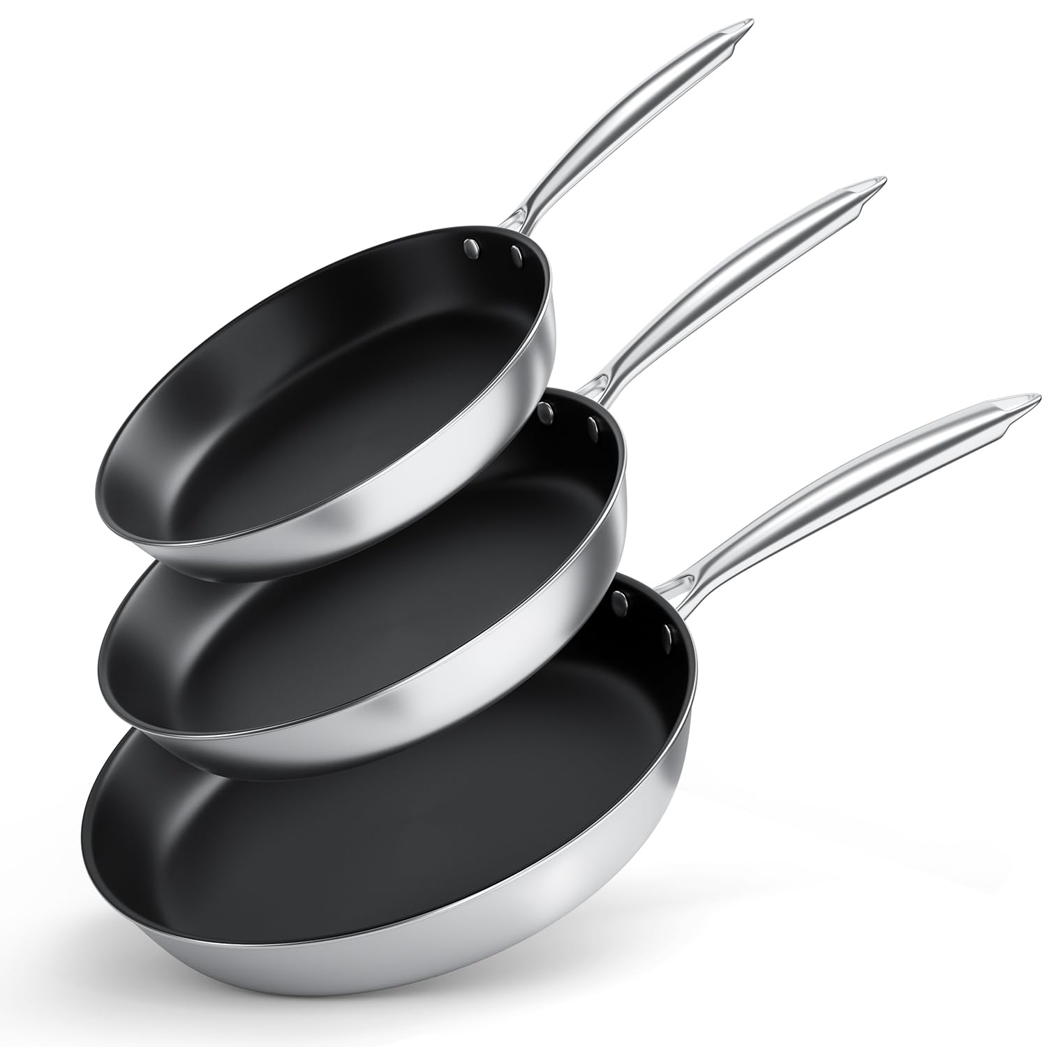 COOKNANO Stainless Steel Nonstick Frying Pan Set, 3 Piece cookware set, Tri-Ply Skillet, 8 inch, 9.5 inch, 11inch Cooking pan, Oven Dishwasher Induction Gas Safe, Silver, Suitable for All Stove