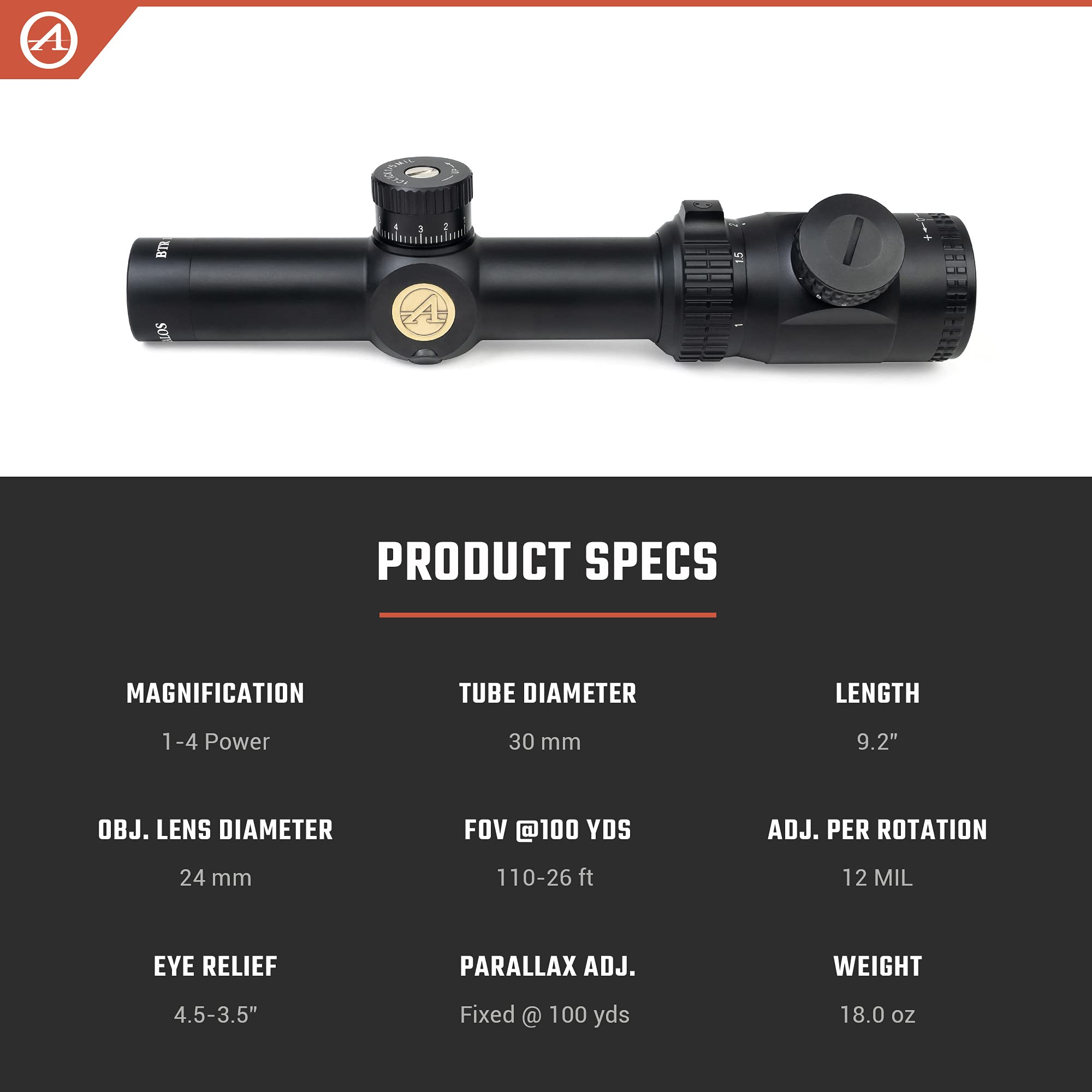 Athlon 215025 Talos BTR 1-4x24 Direct Dial Fixed Riflescope, Black