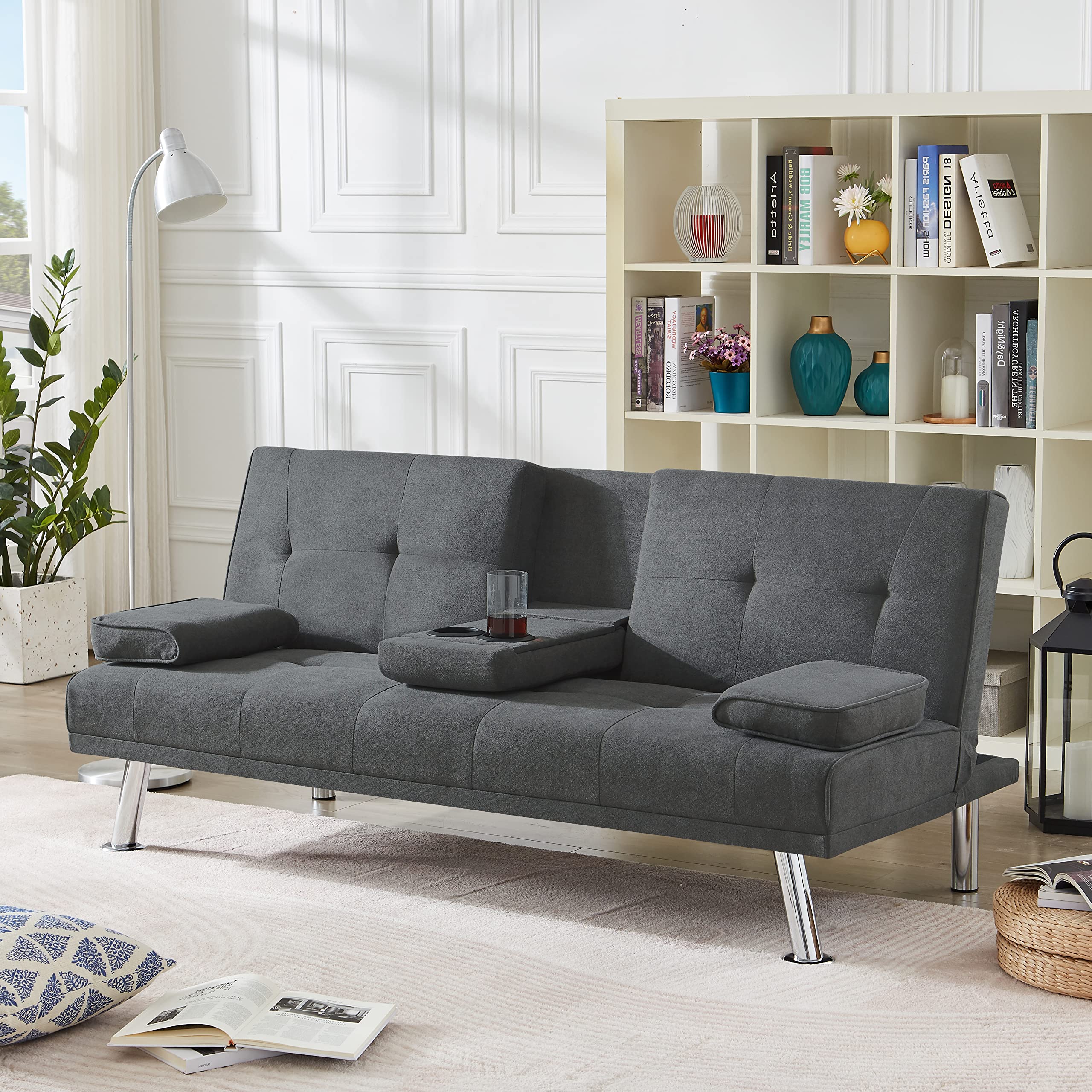 DKLGG Convertible Futon Sofa Bed, Upholstered Sofa Couch, Recliner Loveseat Folding Daybed with 2 Cup Holders and Removable Armrests Sleeper Sofa for Small Space, Home, Living Room, Dark Gray
