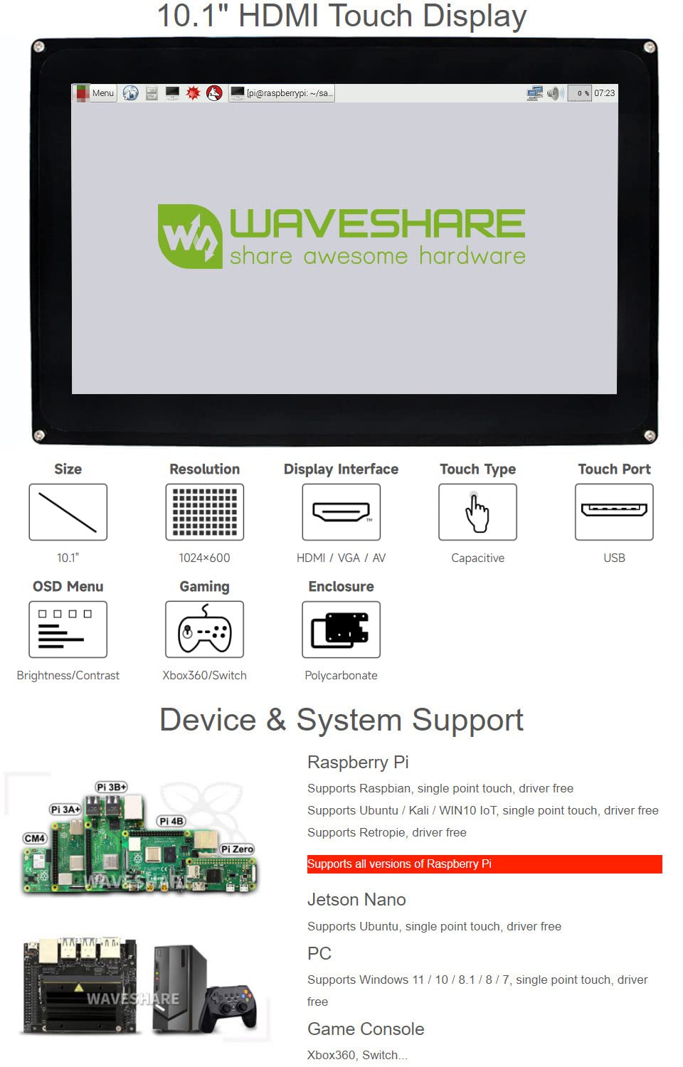 waveshare 10.1inch Capacitive Touch Screen LCD with Case Compatible with Raspberry Pi 4B/3B+/3A+/2B/B+/A+/Zero/Zero W/WH/Zero 2W CM3+/4 1024×600 Resolution HDMI Supports Jetson Nano/Windows