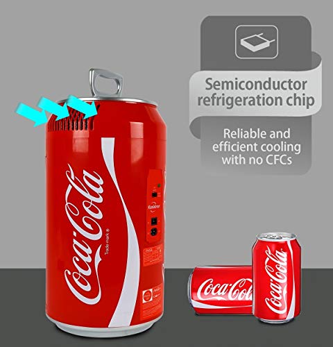 Coca-Cola 8 Can Portable Mini Fridge w/ 12V DC and 110V AC Cords, 5.4L (5.7 qt) Can Shaped Personal Cooler, Red, Travel Fridge for Drinks, Snacks, Lunch, Home, Office, Dorm Room, RV