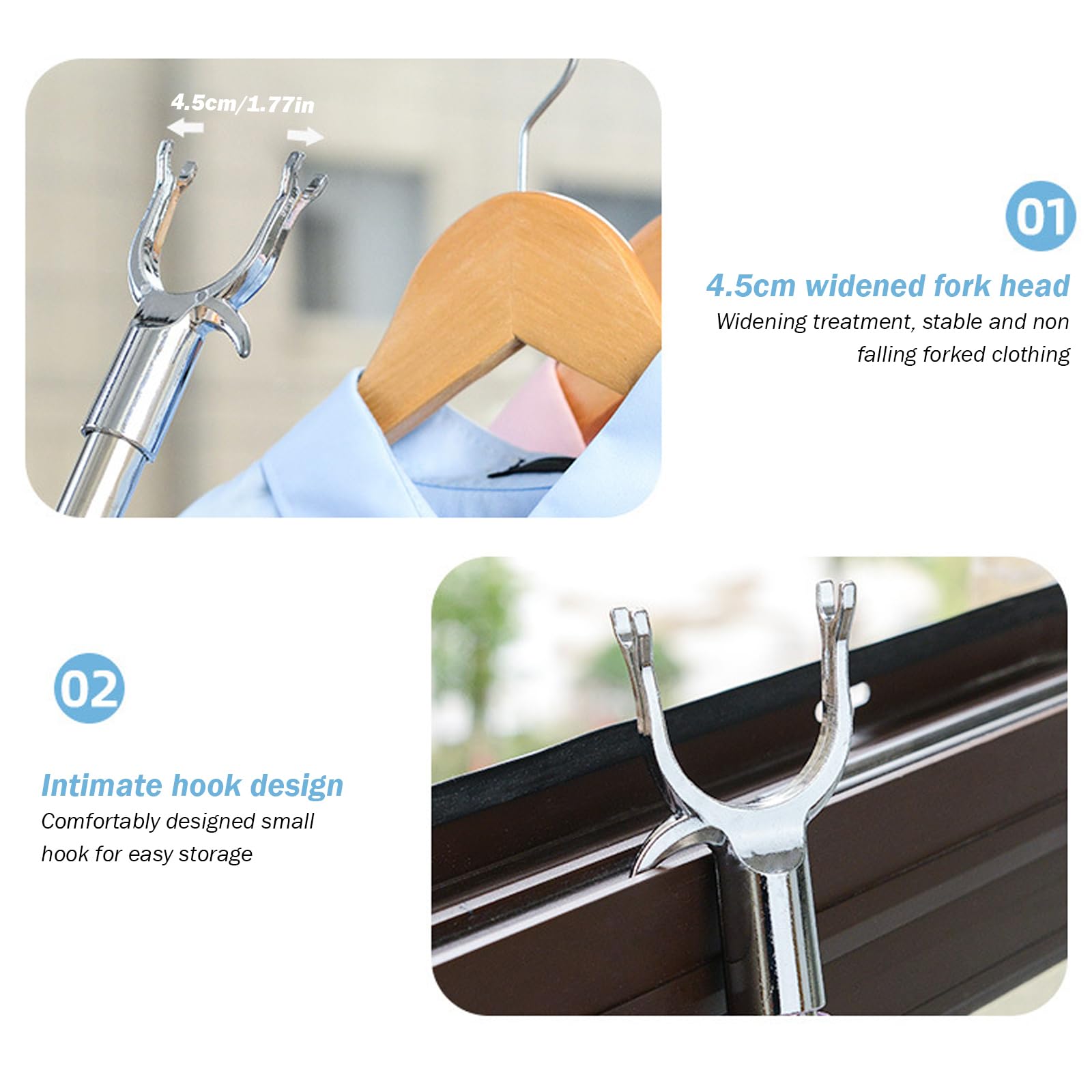 Clothesline Pole 51 Inch Telescoping Pole with Hook Stainless Steel Long Reach Closet Pole with Hook & Non-slip Handle for Ceiling, Shelf Clothes Line Pole Clothing Hanger Telescopic Rod