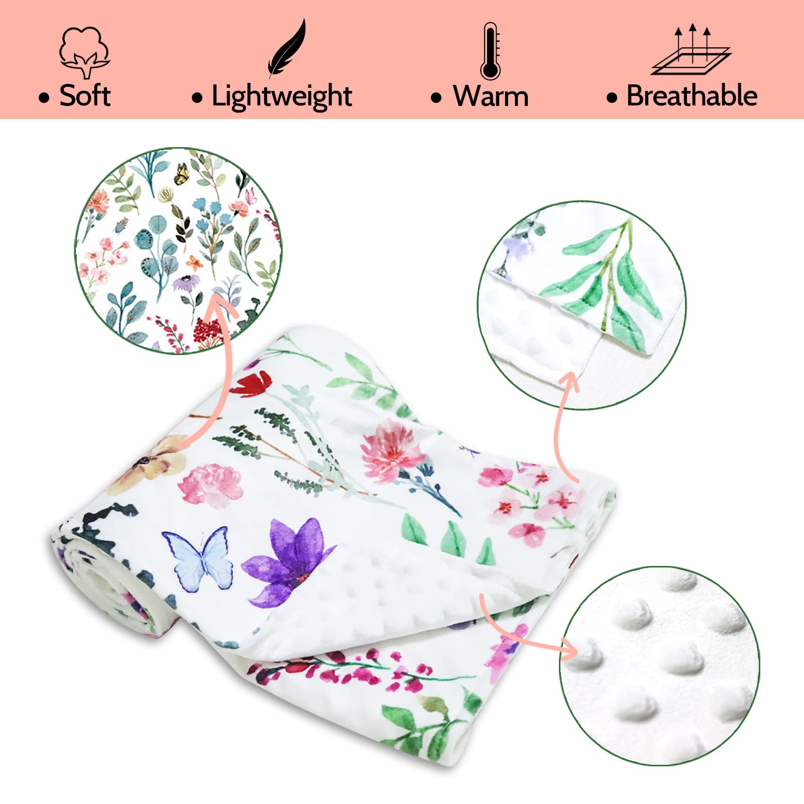 Baby Soft Crib Sheet and Baby Minky Blankets with White Watercolor Floral