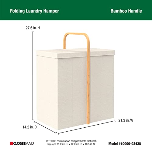 ClosetMaid Laundry Hamper Basket, Foldable with Lid, Two Compartments, Bamboo Handle, Portable, Collapsible Design, Freestanding, Beige