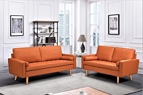 Container Direct US Pride Furniture Faux Leather Modern Luxury Beautifully Style Living Room Loveseat Removable Cushions and Solid Wood Legs Sofas, Red Orange