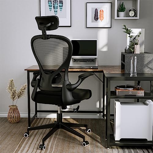 Frylr Ergonomic Home Office Desk Chair with Flip-up Arms and Headrest - Perfect for Big and Tall Users/Adjustable Lumbar Support/450 lbs Heavy Duty Office Chair(Black)