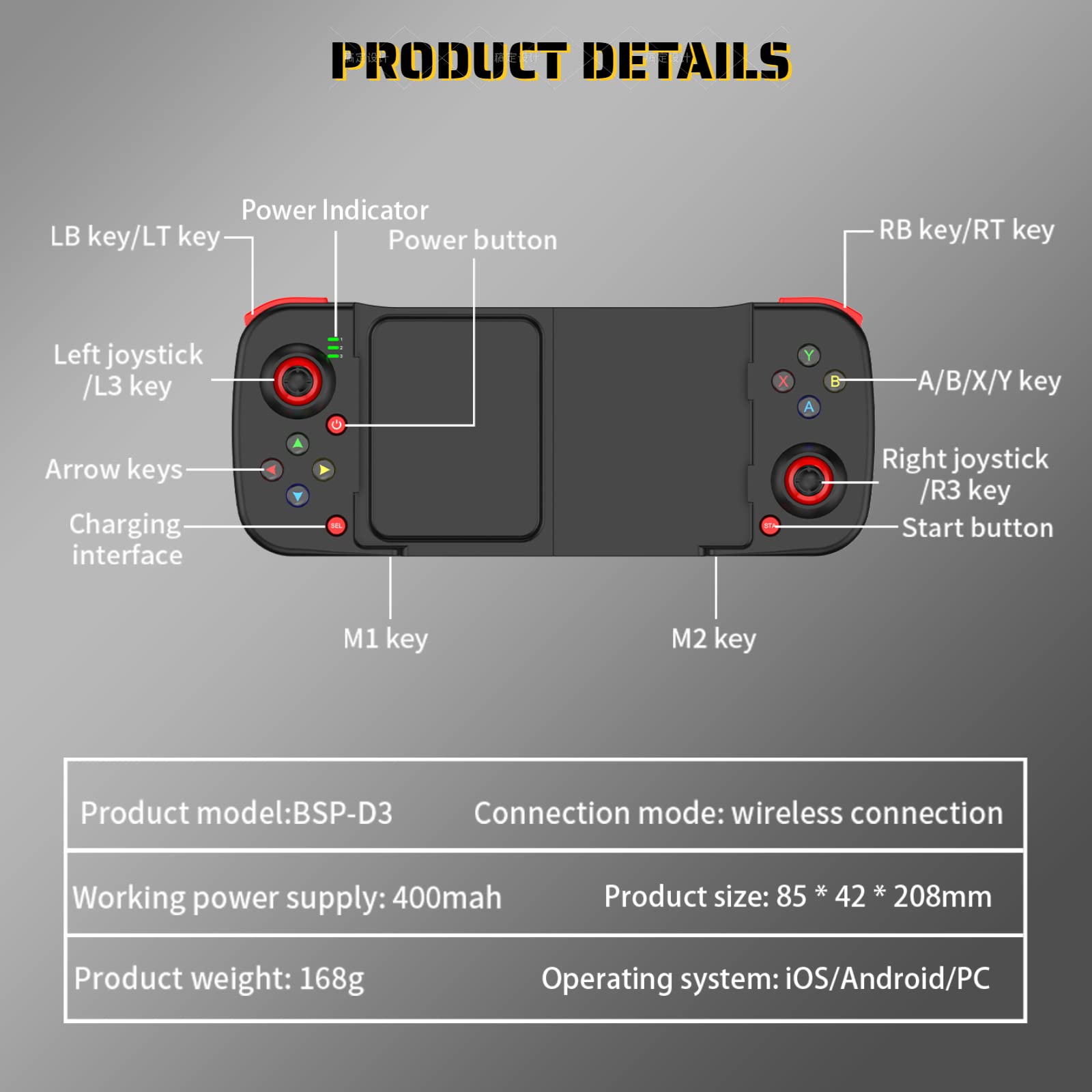 arVin Wireless Gaming Controller for iPhone/iPad/iOS/Android/Samsung/PC Gamepad Joystick with Back Button, Analog Triggers, Stretchable, Bluetooth 5.0 Low Latency, Direct Play for CODM,Diablo Immortal