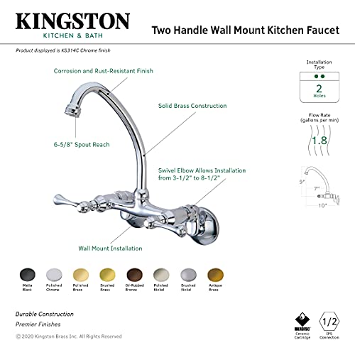 Kingston Brass KS314C Kingston Adjustable Center Wall Mount Kitchen Faucet, Polished Chrome
