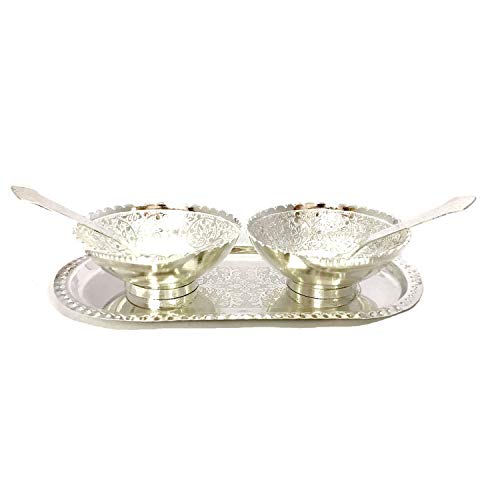 DBY Tradenet Dry Fruit Box Silver Color Plated Brass 2 Bowl 2 Spoon and 1 Tray Set Tray Sweet Mukhwas Supari Candy Chocolate Box Multipurpose Dry Fruit set Serving Tray