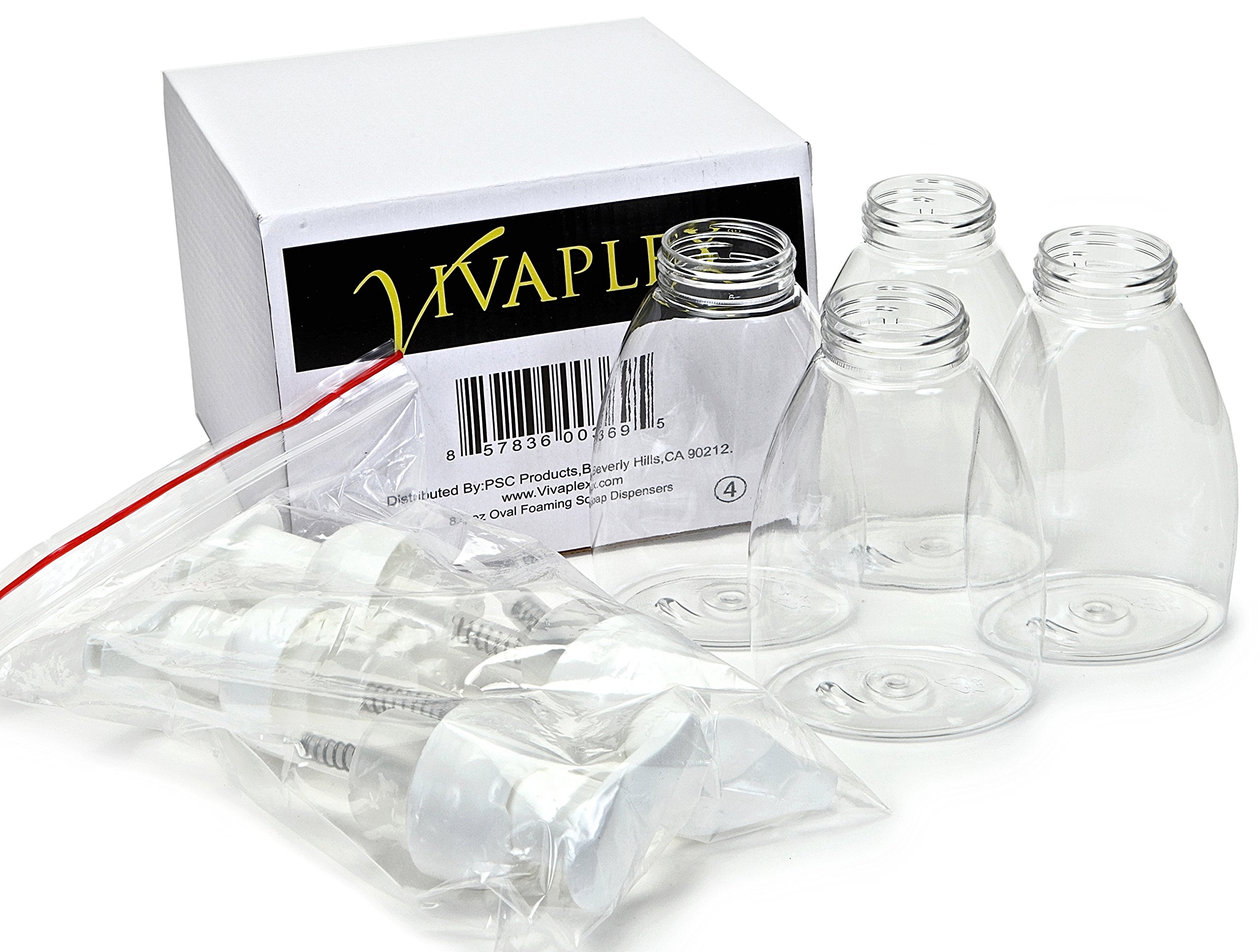 Vivaplex, 4, Clear, 8.5 oz (250 ml), Oval, Plastic Foaming Soap Dispensers, with White Pumps