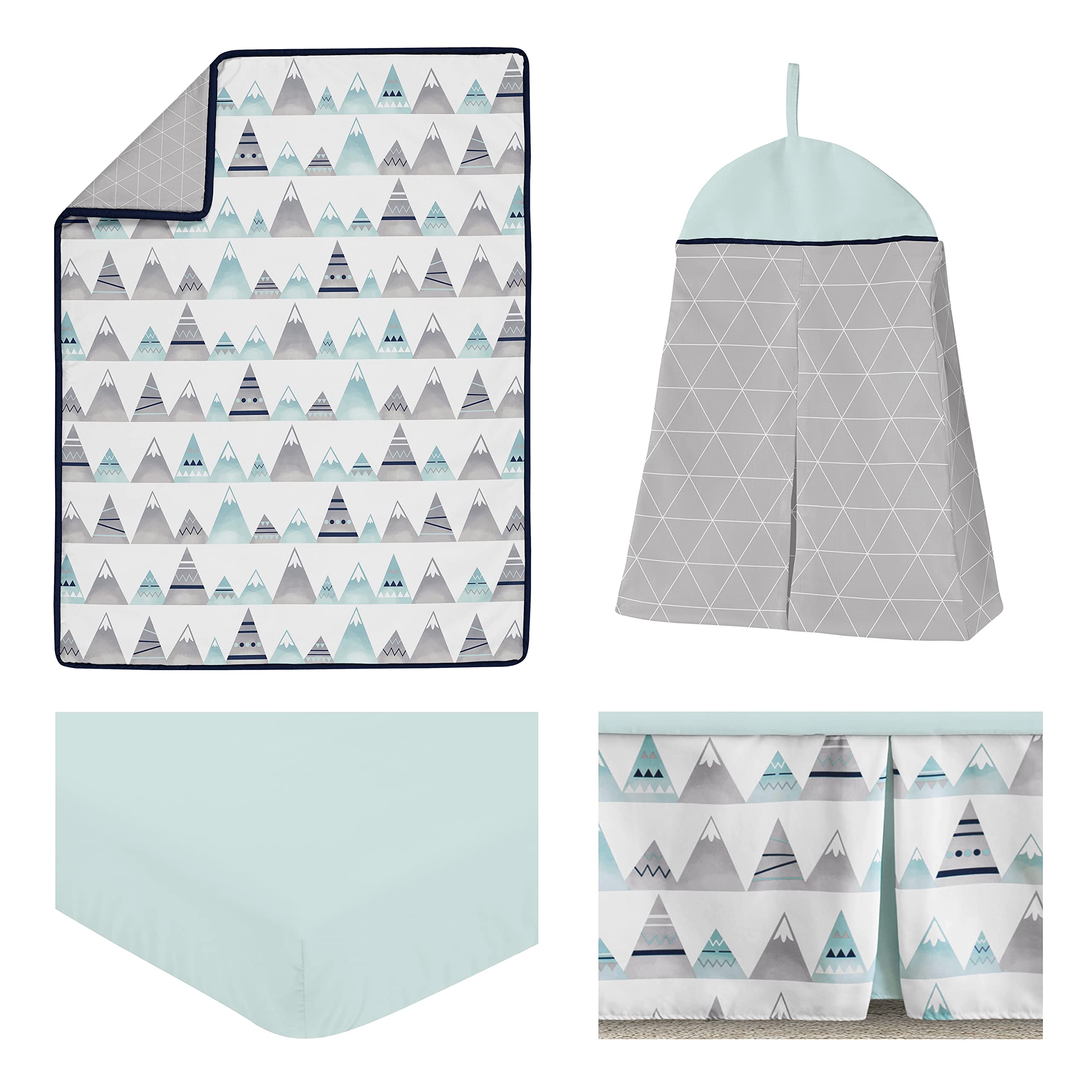 Sweet Jojo Designs 4 pc. Navy Blue, Aqua and Grey Aztec Mountains Baby Boy or Girl Unisex Crib Bedding Set Without Bumper