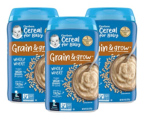 Gerber Cereal for Baby 2nd Foods Grain & Grow Cereal, Whole Wheat Cereal, Made with Whole Grains & Essential Nutrients, Non-GMO, 8-Ounce Canister (Pack of 3)