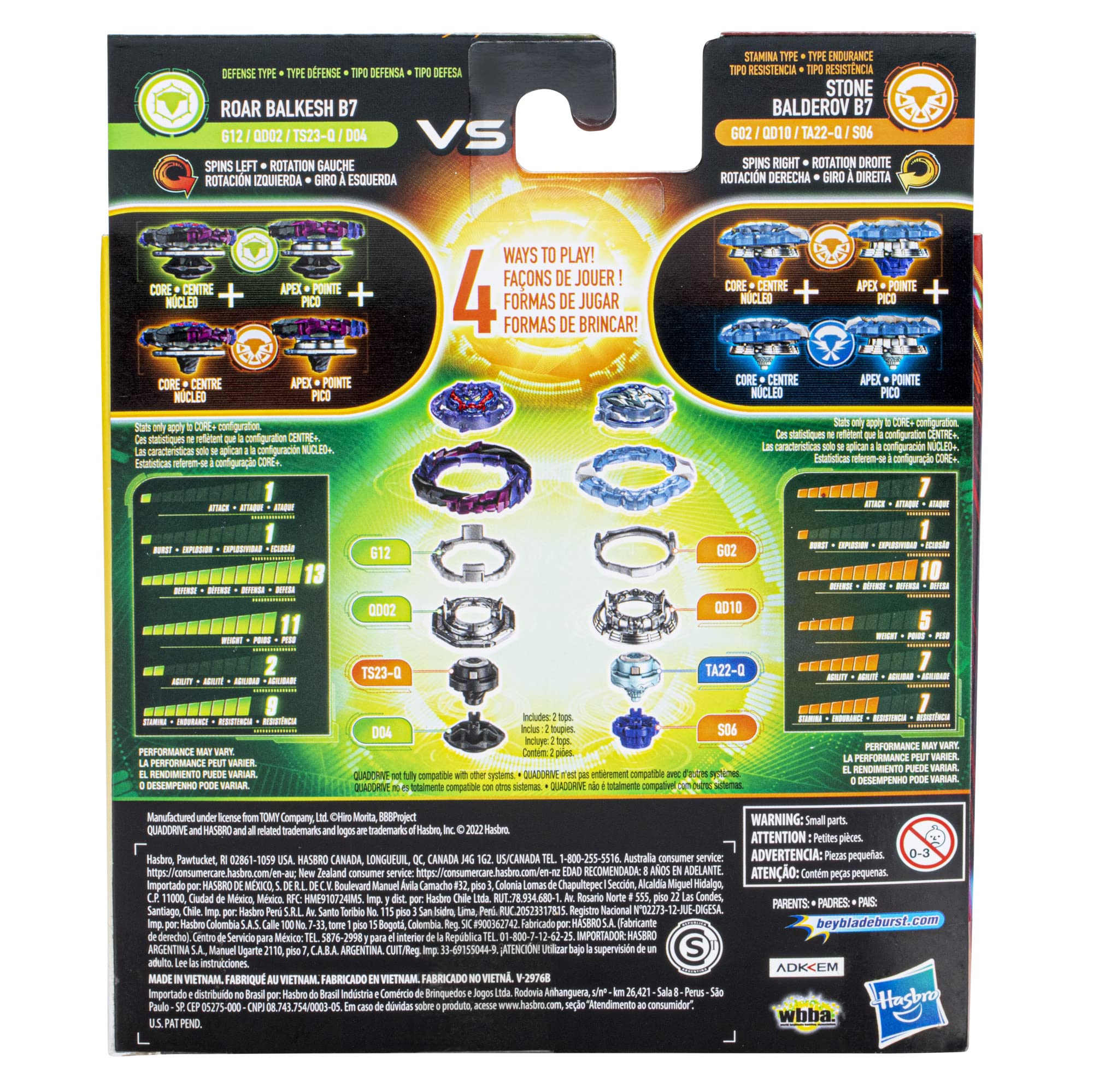 Hasbro Beyblade Burst QuadDrive Roar Balkesh B7 and Stone Balderov B7 Spinning Top Dual Pack - 2 Battling Game Top Toy for Kids Ages 8 and Up