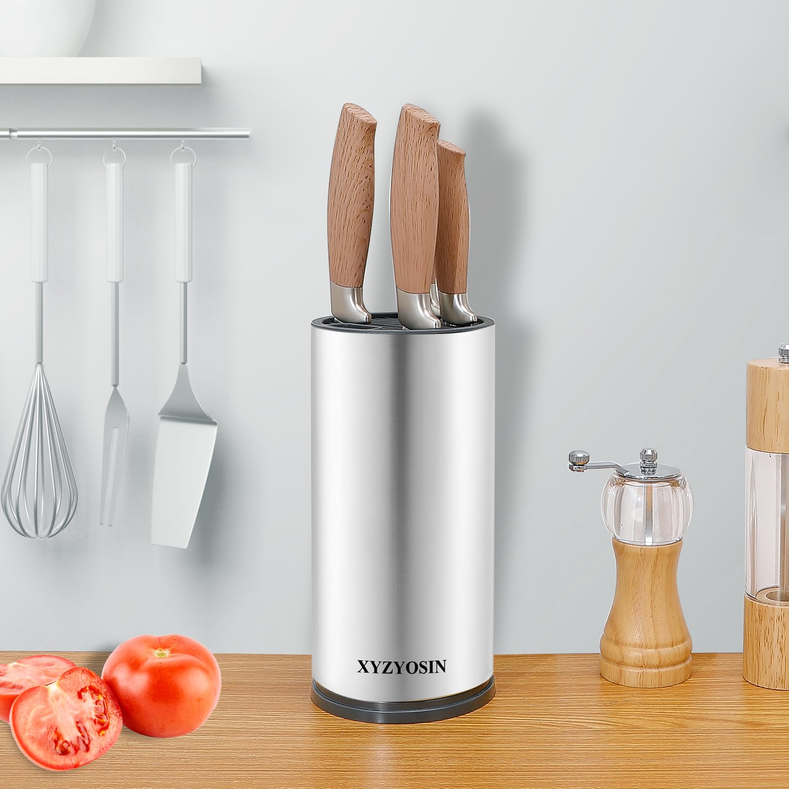 Stainless Steel Universal Knife Block, Round Knife Holder with Scissors Slot Kitchen Knife Storage Space Saver Knife Organizer Detachable for Easy Cleaning