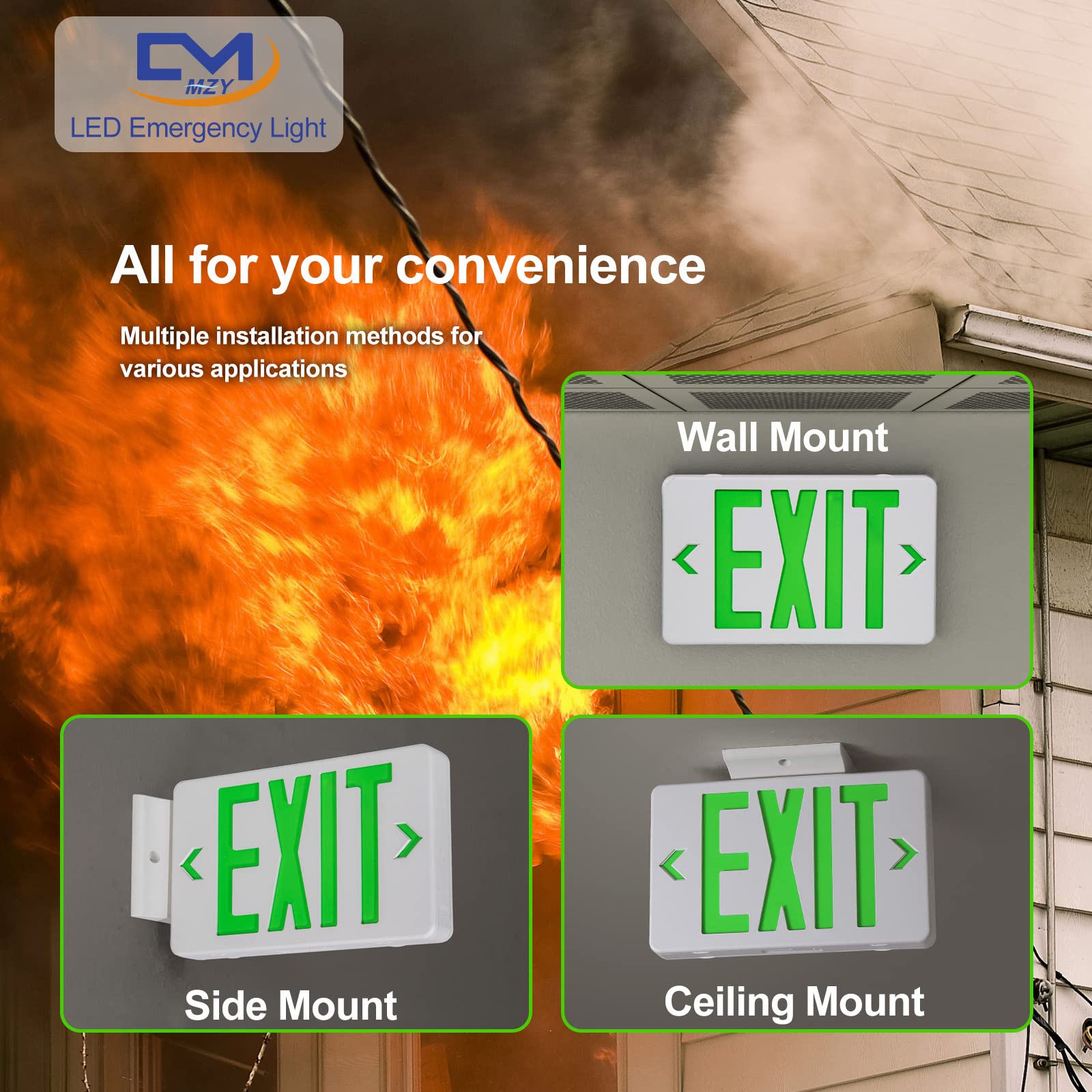 CM MZY Exit Sign with Emergency Lights LED Exit Sign Light with Battery Backup,Green Letter Commercial Emergency Exit Sign Lights,AC 120-277V, UL Certified,1PCS