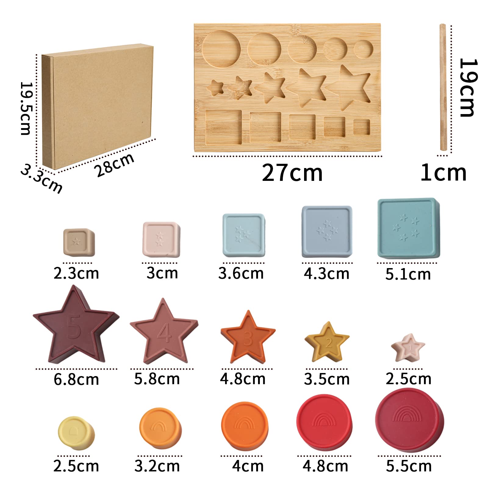 ibwaae Soft Silicone Stacking Toys Set 15 Pcs Natural Rainbow Color Nesting Cups and Silicone Stacking Cups Montessori Toy for Baby(Wooden Base)