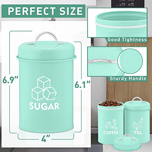 E-far Canister Sets for Kitchen Counter, 3-Piece Metal Tea Coffee Sugar Canister with Airtight Lid for Food Storage, Farmhouse Style & Small Size (6.1” x 4”)-Turquoise