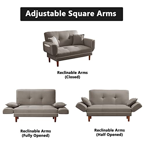 Convertible Futon Sofa Bed with 2 Pillows, Small Loveseat Sleeper Sofa Futon Couch, Recliner Couch with Adjustable Armrest and Wood Legs, Living Room Sofa with 5-Angle Backrest for Small Space (Grey)