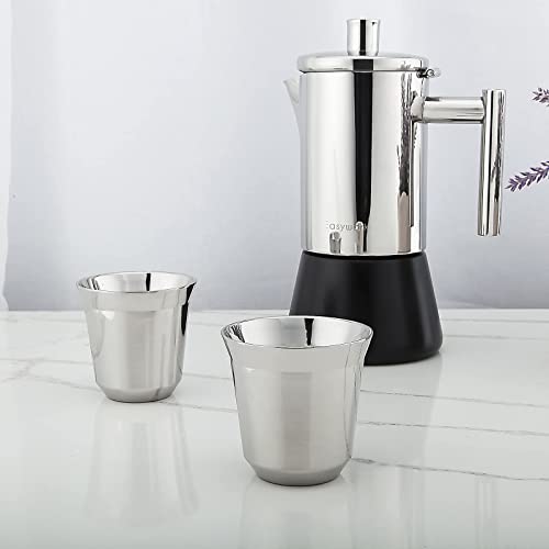 Easyworkz Diego Stovetop Espresso Maker, Bundled With Stainless Steel Espresso Cup 2pcs Set Double Wall Insulated Metal Demitasse Cups