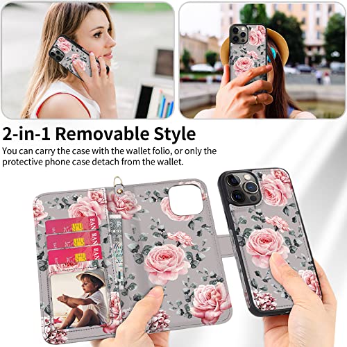 HOGGU iPhone 13 Pro Wallet Case - Magnetic Detachable iPhone 13 Pro Case Wallet with RFID Blocking Card Holder, Hand Strap, Floral Flower PU Leather Flip Cover Case for Women Girls(Gray)