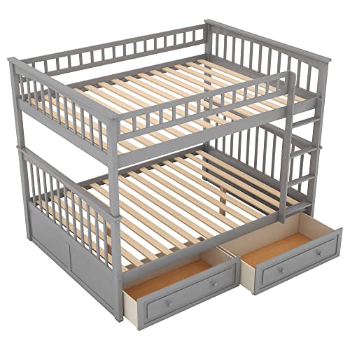 Full Over Full Bunk Bed with 2 Storage Drawers, Wooden Bunk Bed Frame with Guardrails and Ladders for Kids Teens Adults, Can be Convertible into 2 Beds (Bunk Beds Full Over Full, Gray)