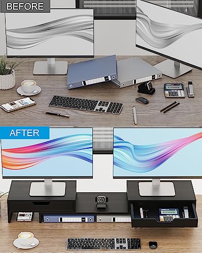 Epesoware Dual Monitor Stand Riser with Adjustable Length and Angle, Bamboo Computer Riser with 2 Extra Drawers, Desk Organizer for Laptop, Computer No Assembly Required