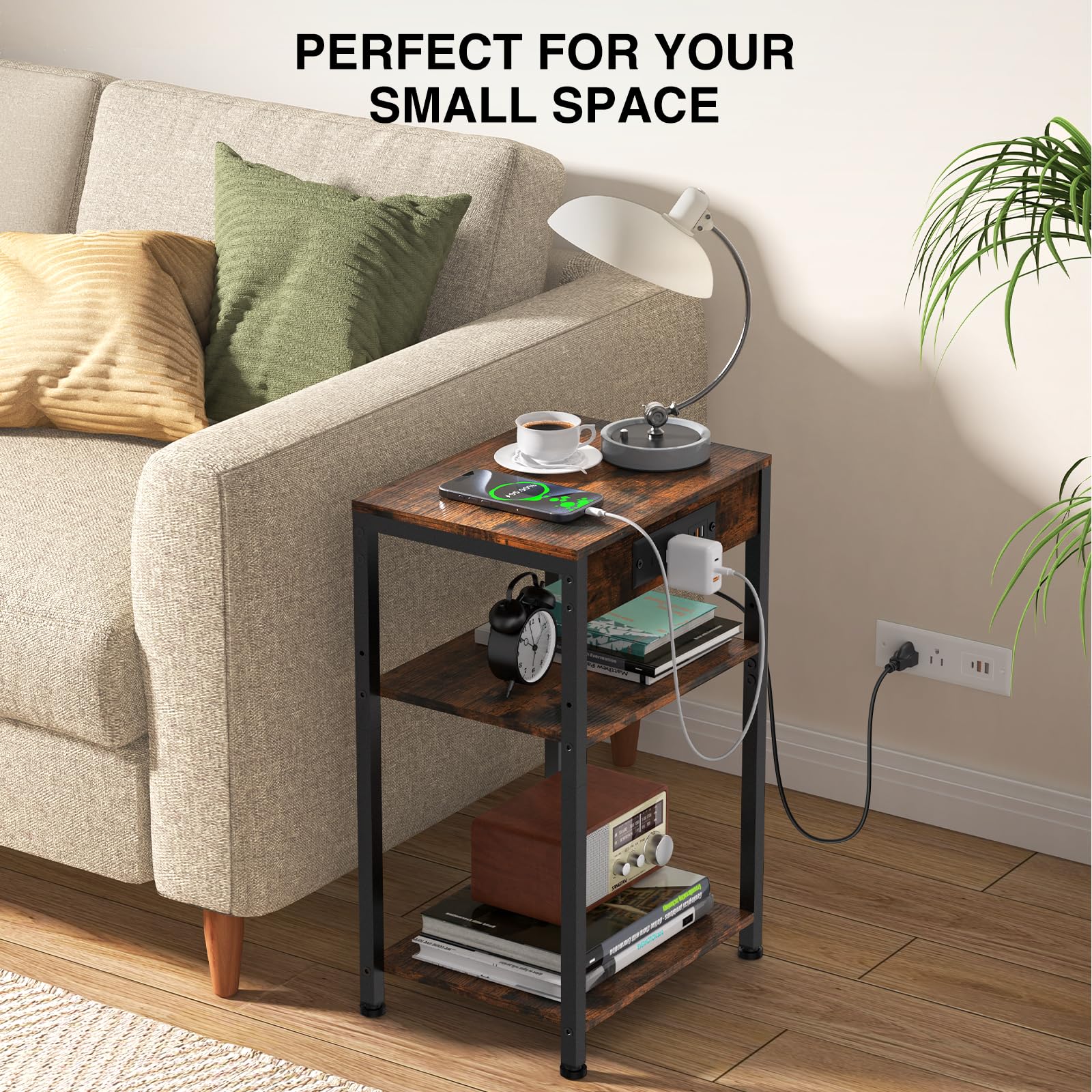 Memobarco Small Table Stand with Fast Charging Station and Adjustable Shelf, End Table Nightstand with Type C and USB Port, Side Table Sofa Beside Table for Living Room, Bedroom, Small Spaces, Black