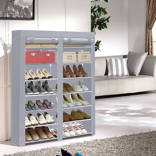 ERONE Shoe Rack Storage Organizer, 28 Pairs Portable Double Row with Nonwoven Fabric Cover Shoe Rack Cabinet for Closet
