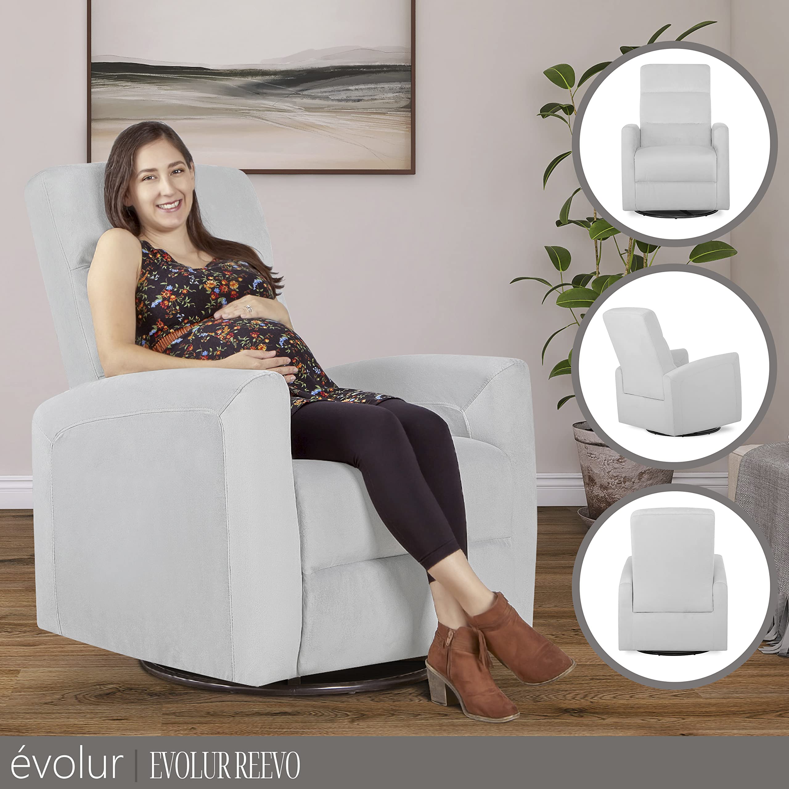 Evolur Reevo Upholstered Faux Leather Seating Glider Swivel in Misty Grey, Glider Chair for Nursery, Greenguard Gold Certified, Tool-Free Assembly, Easy to Clean