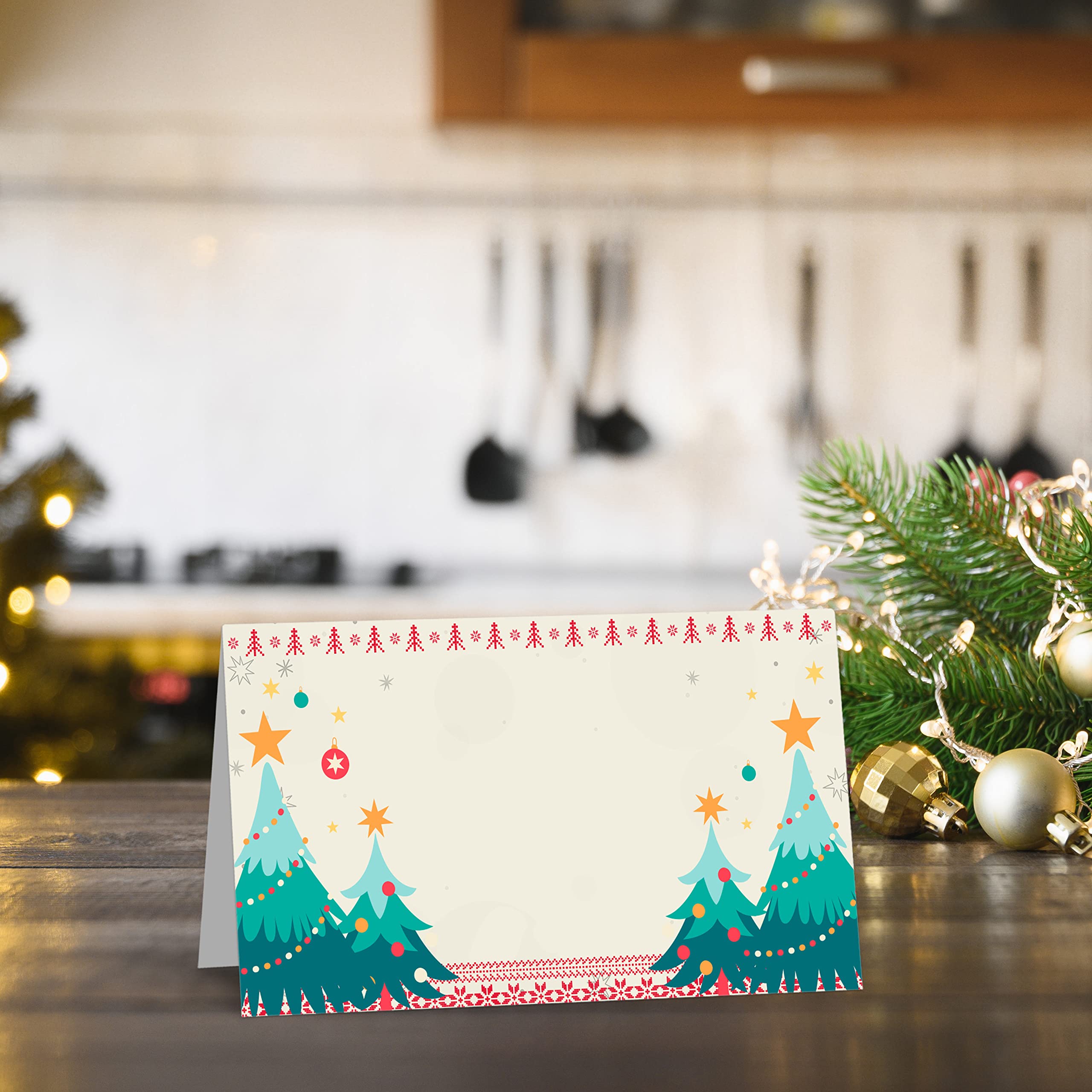Christmas Table Place Cards, Xmas Blank Seating Place Card for Table, 25 Pack Buffet Food Tent Labels, Double Design Name Cards, Scored for Easy Folding, Christmas Party Decorations(07)