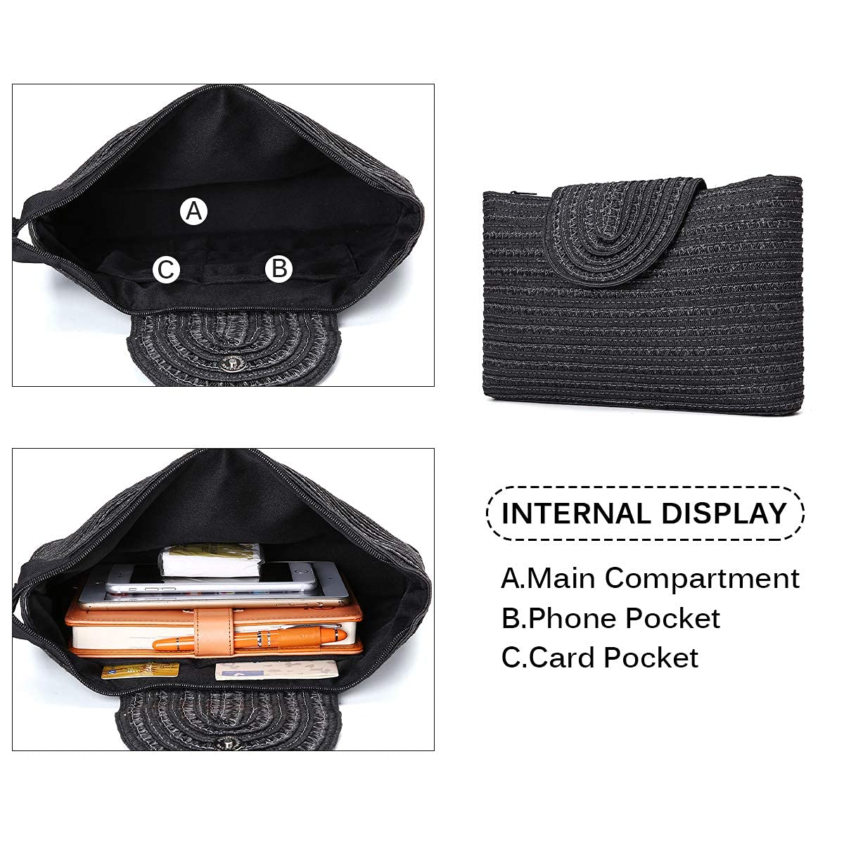 Kadell - Women Clutch, Summer Straw Handbag Seashell Straw Bag Summer bag (Black)