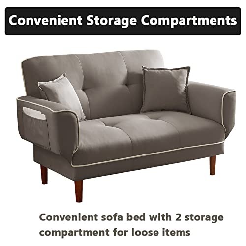Convertible Futon Sofa Bed with 2 Pillows, Small Loveseat Sleeper Sofa Futon Couch, Recliner Couch with Adjustable Armrest and Wood Legs, Living Room Sofa with 5-Angle Backrest for Small Space (Grey)