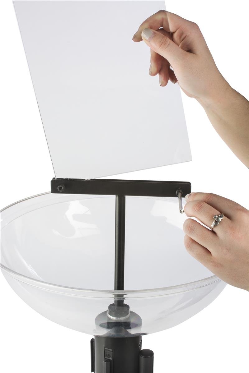 Displays2go Dump Bin Toppers for Stanchion, Includes Sign & Dispensing Bowl, Steel & Acrylic Build β Black, Clear (POBOWL13BK)