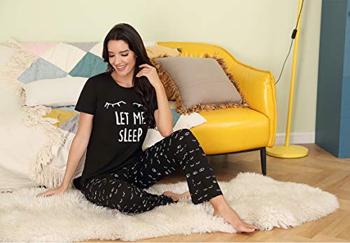 EISHOPEER Women's Sleepwear Jersey Printed Short Sleeve Tee and Pjs Sets Black M