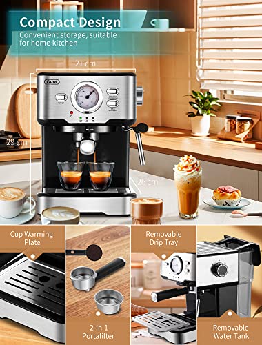 Gevi Espresso Machine 15 Bar Pump Pressure, Cappuccino Coffee Maker with Milk Foaming Steam Wand for Latte, Mocha, Cappuccino, 1.5L Water Tank (Tibetan Black)