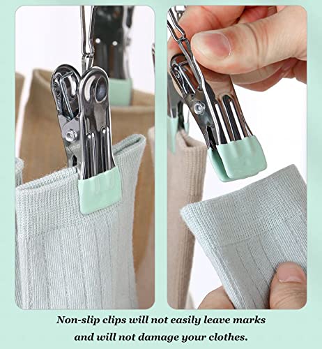 Decohomeforu Stainless Steel Clothes Sock Drying Rack with 24 Clips, Swivel Hook Windproof Clothes Hanger Rack for Sock, Bras, Towel, Underwear, Hat, Scarf, Gloves, Pants Laundry Clothes (Green Clips)