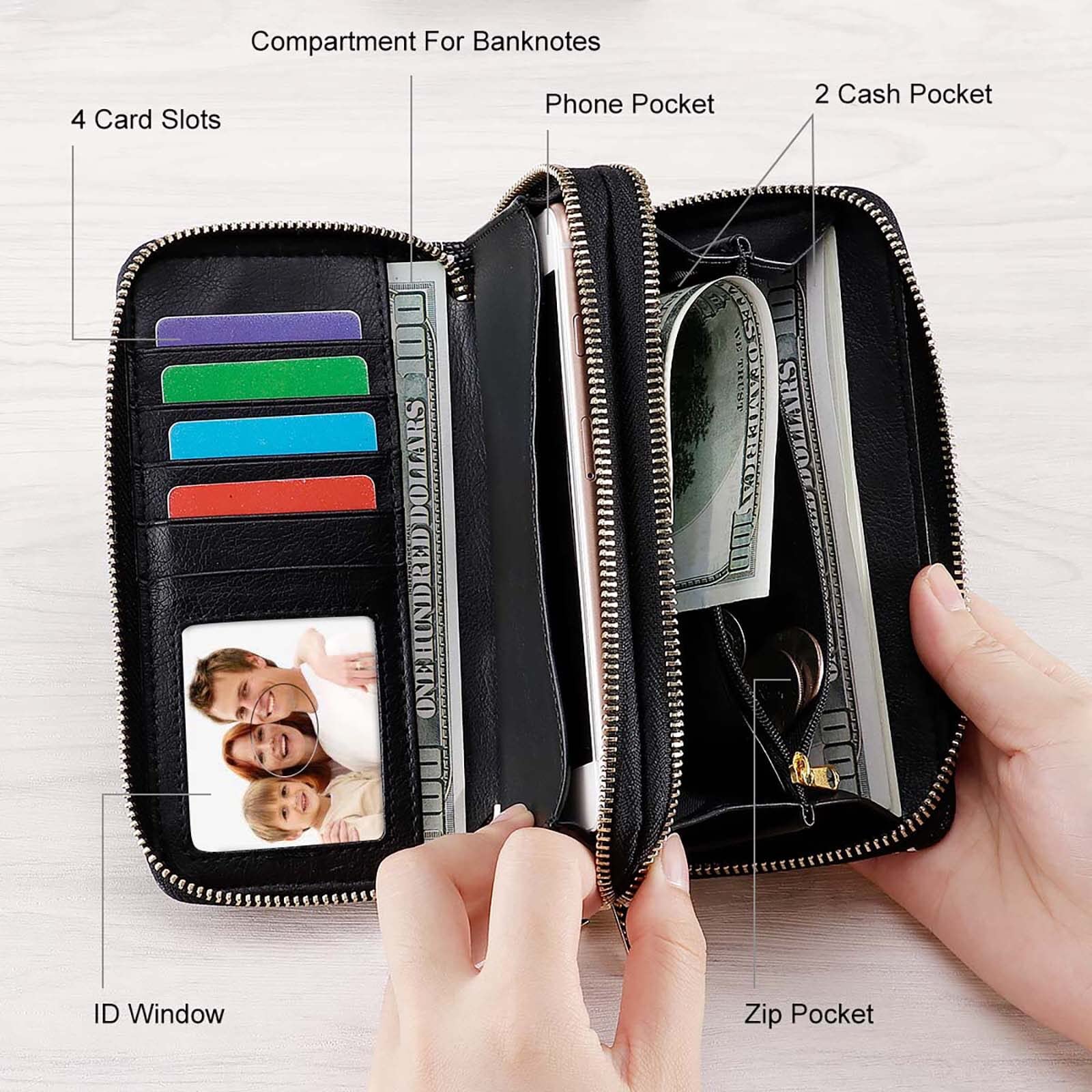 Kamo Womens Wallet Zip Around Phone Wallet Wristlet Travel Long Purse for Women Lady 6.9×3.5(Double Zipper)