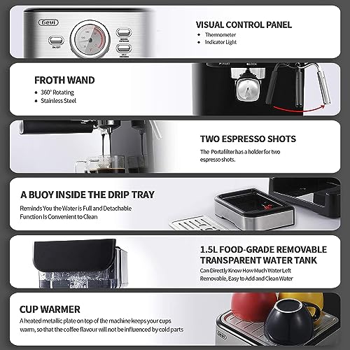 Gevi Espresso Machine, Espresso Maker with Milk Frother Steam Wand, Compact Espresso Super Automatic Espresso Machines for home with 34oz Removable Water Tank for Cappuccino, Latte