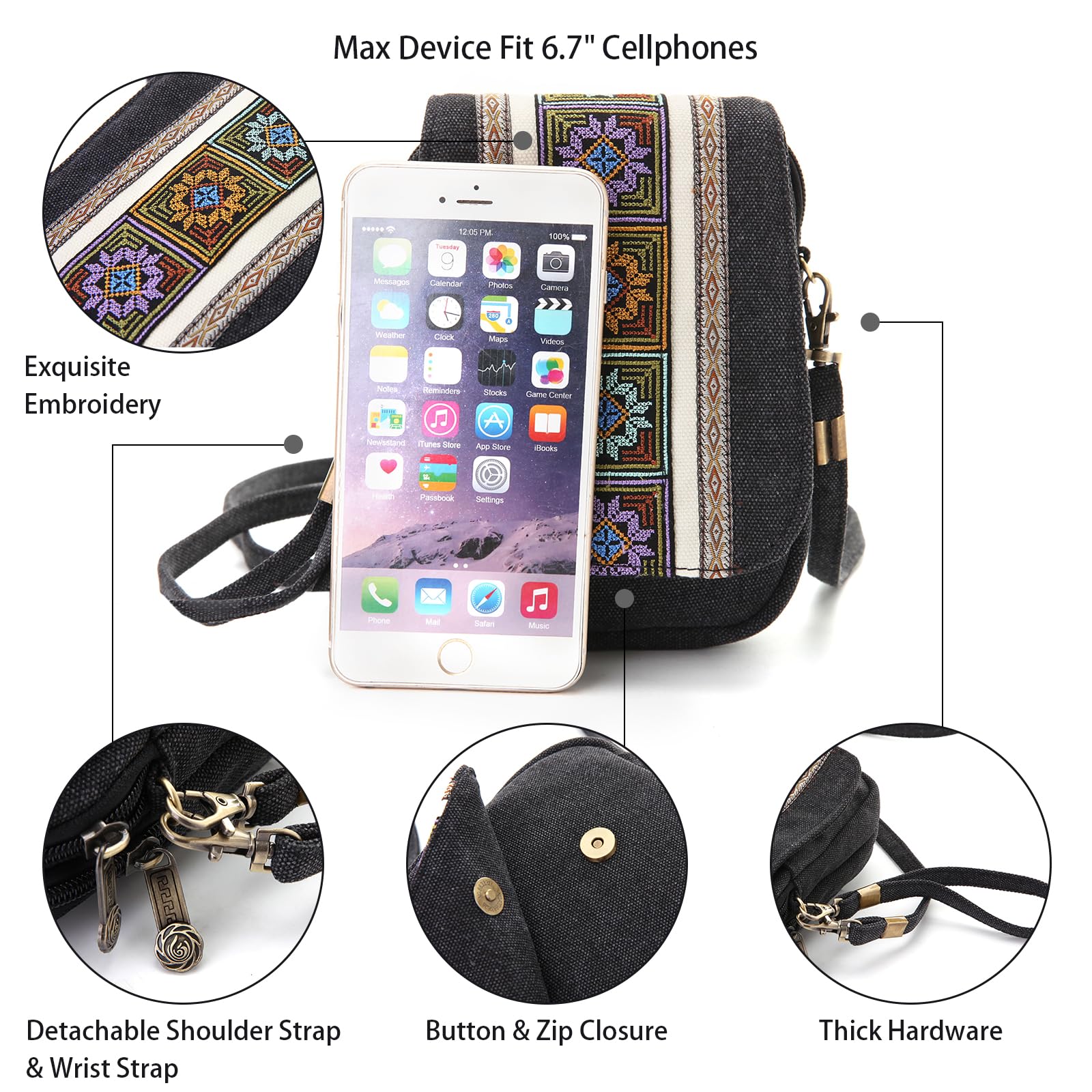 Goodhan Embroidery Canvas Crossbody Bag Cell phone Pouch Coin Purse for Women