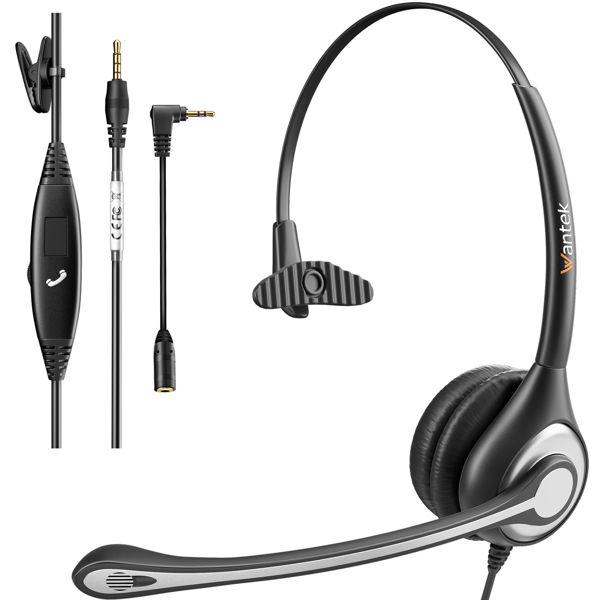 Wantek Cell Phone Headset Mono with Noise Canceling Mic, Wired Computer Headphone for iPhone Samsung Huawei HTC LG ZTE BlackBerry Smartphones and Laptop PC Mac Tablet with 3.5mm Jack(F600J35)