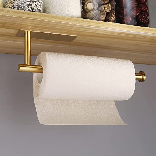 Gewtur Gold Paper Towel Holder Under Cabinet, Self Adhesive Paper Towel Roll Holder Stick on Wall, Stainless Steel Towel Paper Holder for Kitchen Bathroom