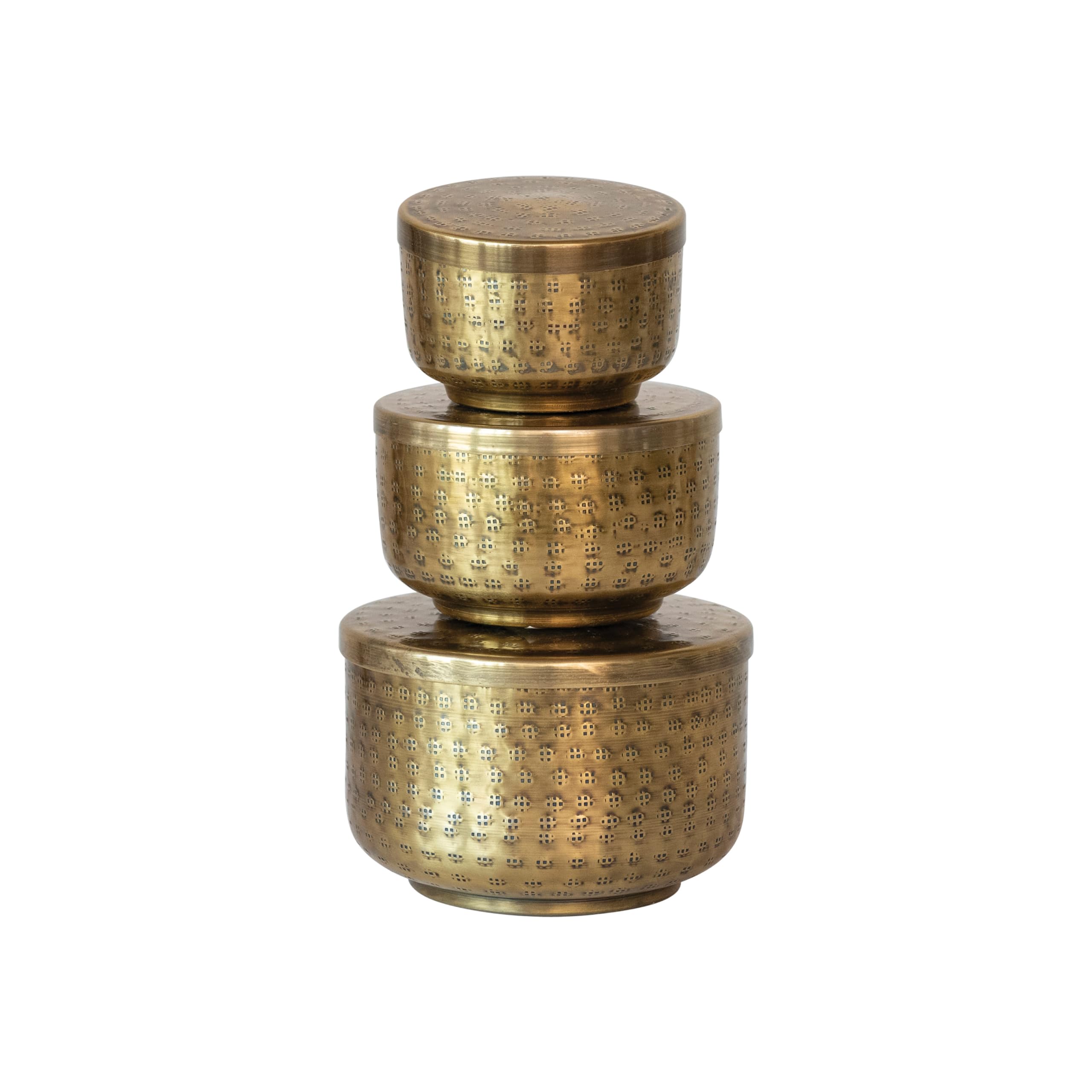 Creative Co-Op Hammered Debossed Aluminum Containers, Antique Brass, Set of 3